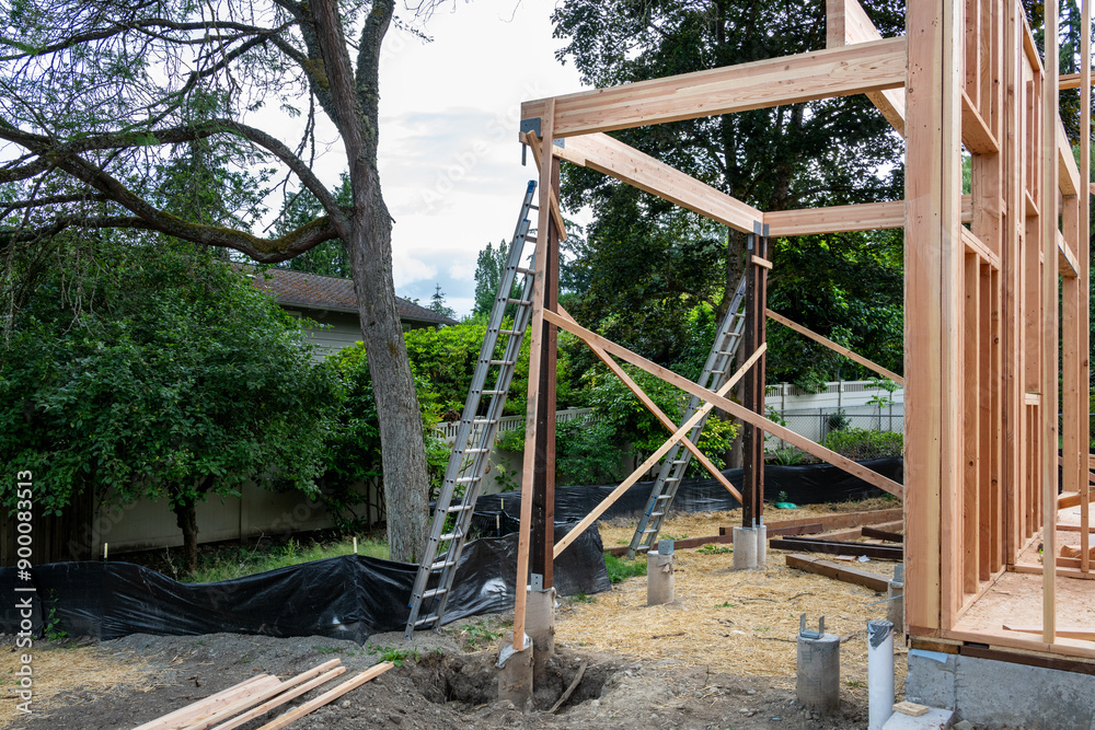 New house construction in residential neighborhood, job site detail of ...