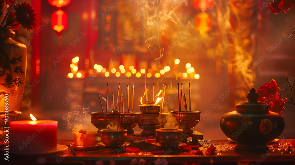 altar table full of offerings and burning incense at the Hungry Ghost ...
