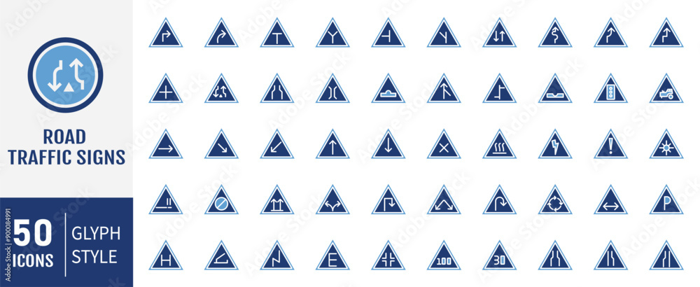 Set of 50 road traffic signs set. Collection of warning, mandatory ...