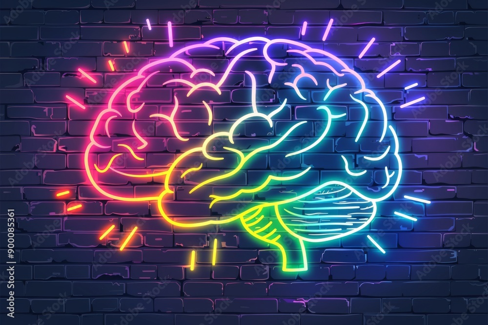 Neon brain illustration with rainbow colors on a dark brick wall ...