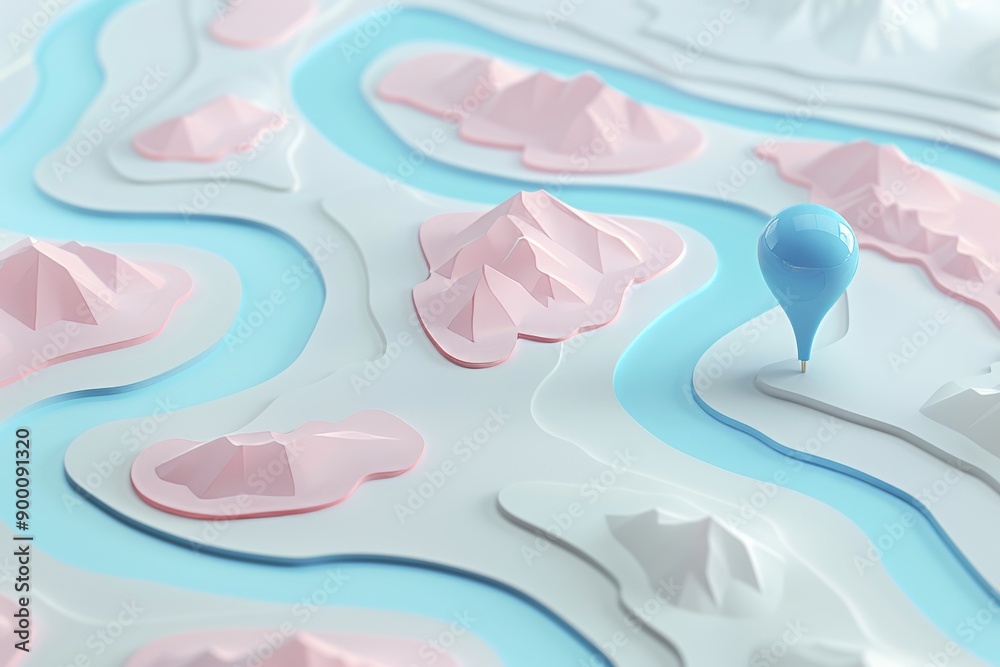 3d octane render, paper map and pin icon, light-blue and pink colours ...