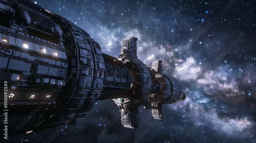 High-tech space station equipped with solar panels floating in deep ...