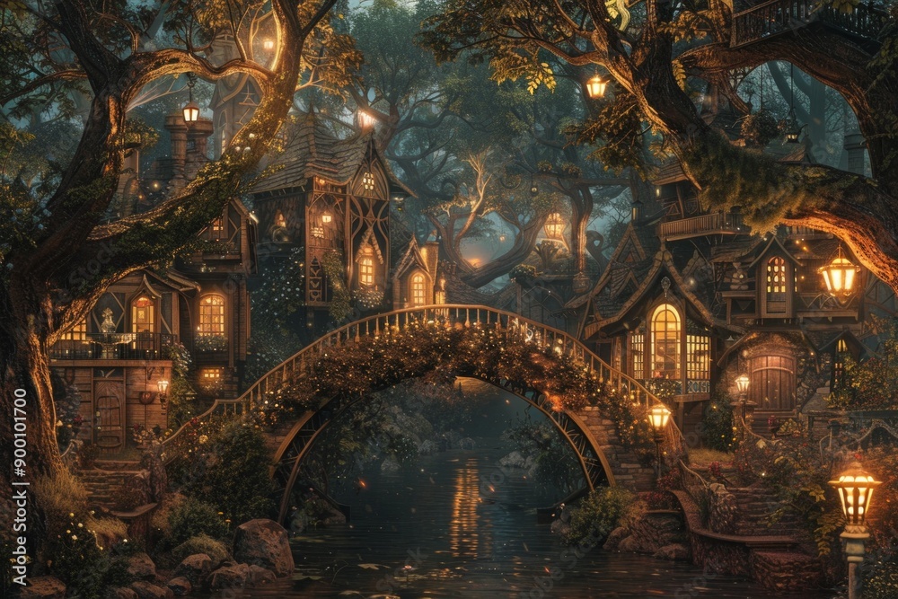 Fantasy Elven Village. Elegant treehouses, twinkling lanterns, and ...
