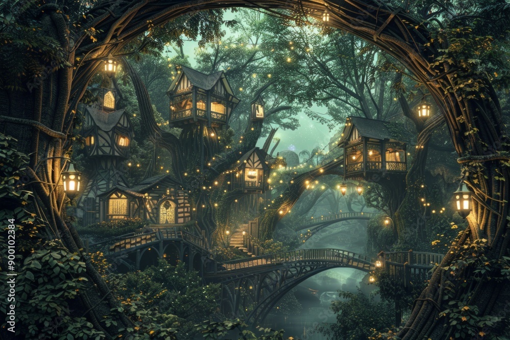 Fantasy Elven Village. Elegant treehouses, twinkling lanterns, and ...