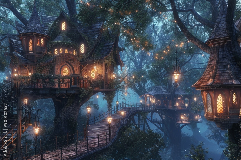 Fantasy Elven Village. Elegant treehouses, twinkling lanterns, and ...