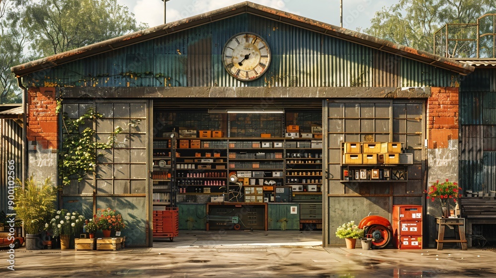 5. A retro-themed rest stop for goods transportation, showing a well ...