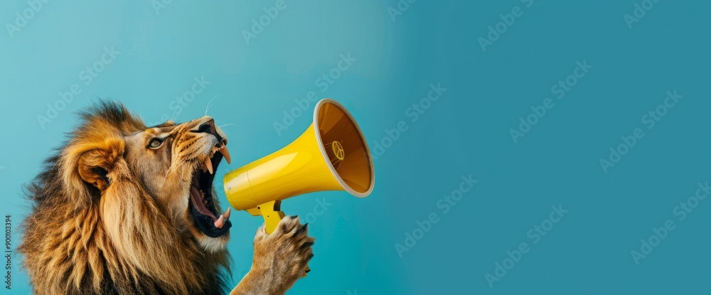 Cool beautiful lion holding and screaming into a yellow loudspeaker on ...