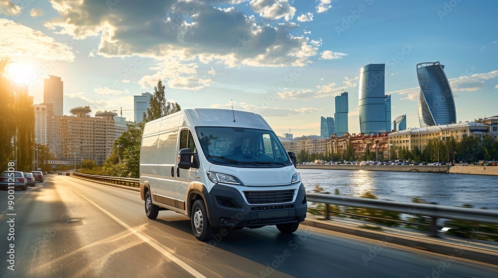 50. A modern delivery van on a clean road, highlighting efficient ...