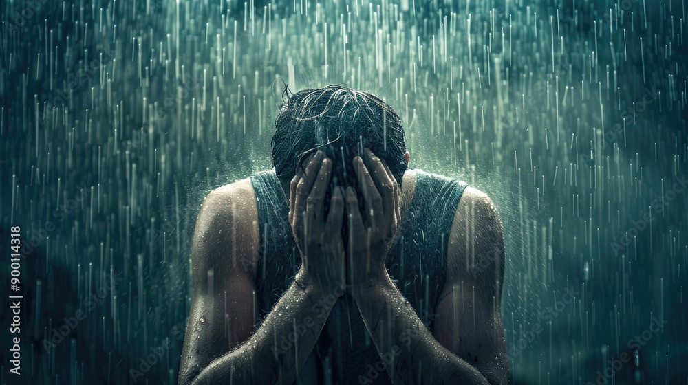 Emotive image of a man under rain, face buried in hands, depicting a ...