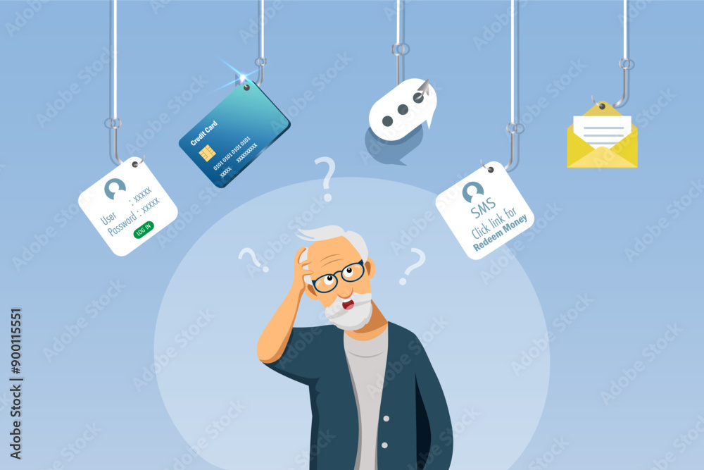 Senior man with online phishing scam, cyber attack and digital crime ...