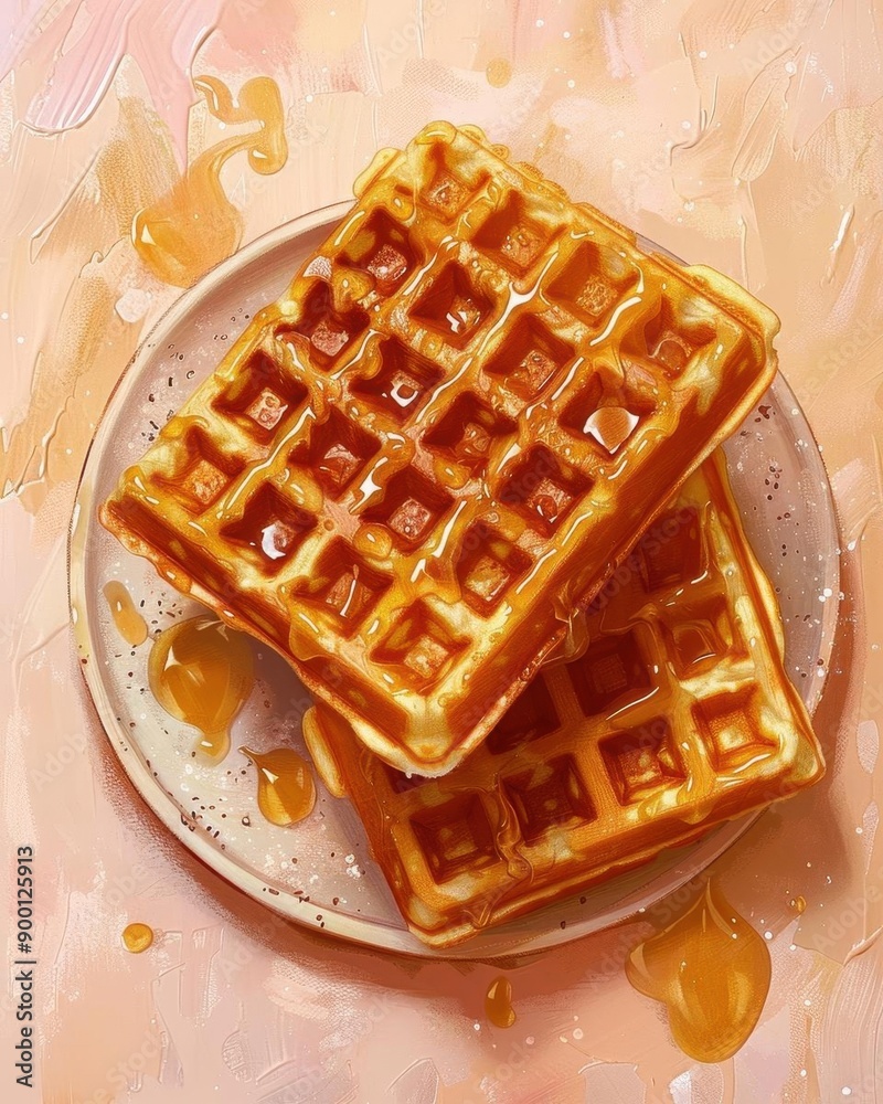 A delicious breakfast of waffles with honey. The waffles are fluffy and ...