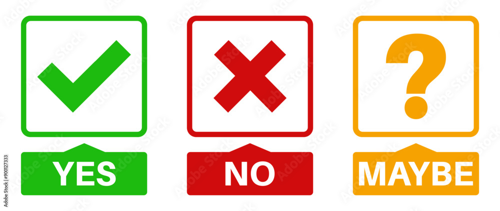 Set collections yes no maybe icon sign. Green check mark, red cross and yellow question mark ...