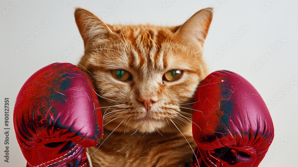 Cute Orange tabby cat with angry face wearing big black boxing gloves ...