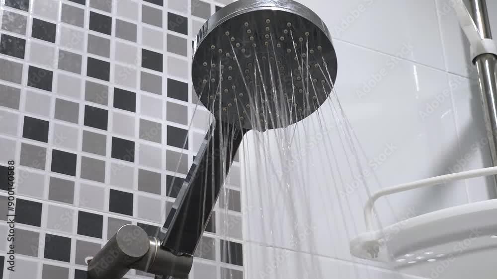 Shower head, flowing water in bathroom. Bottom view of holes in shower ...