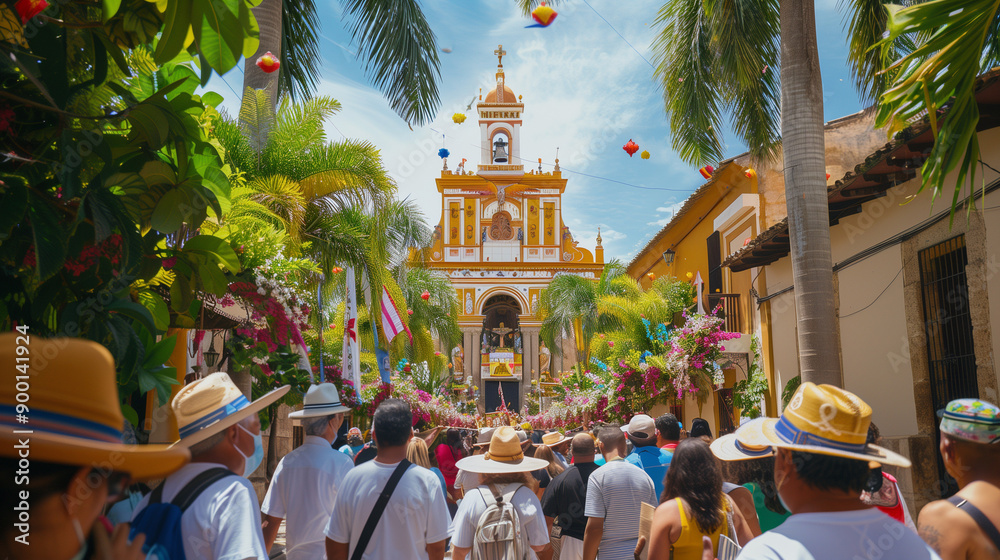 Feast of San Mateo, religious procession with people carrying a statue ...