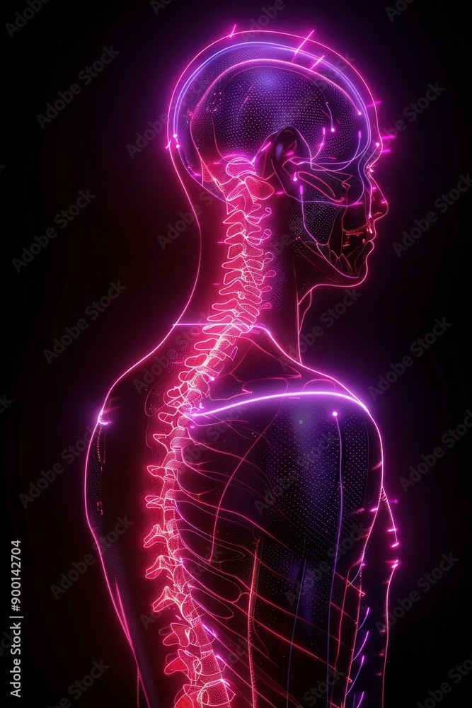 3D neon line art illustrating back pain in a human figure Luminous ...