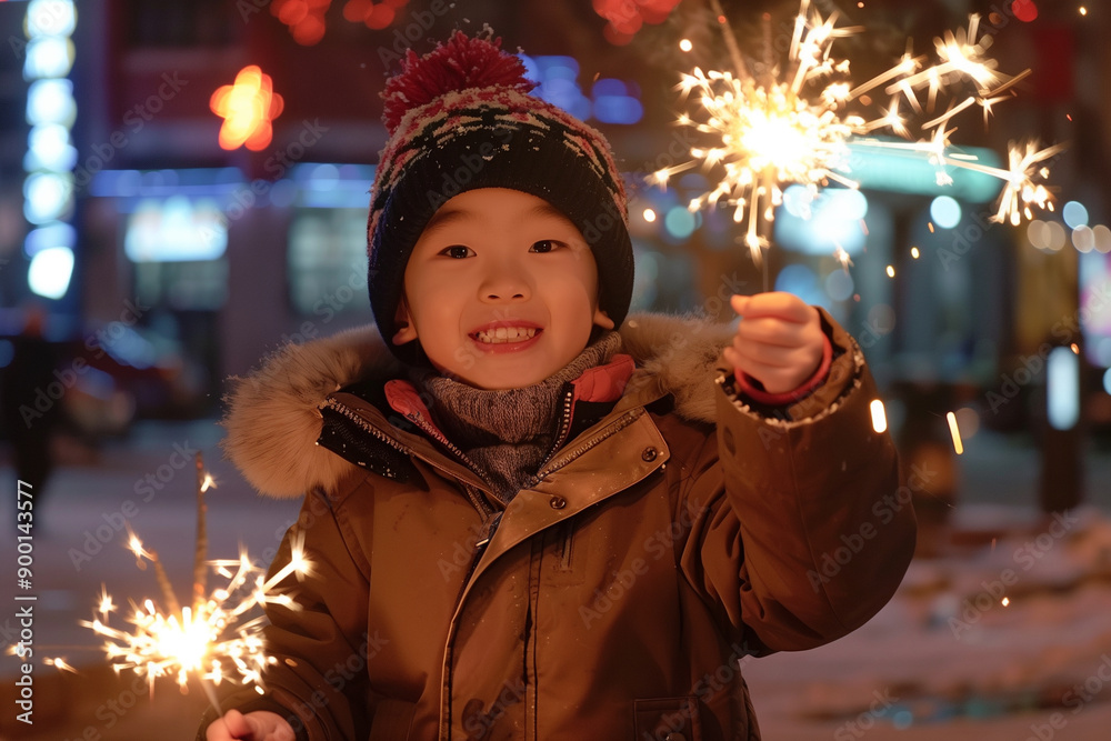 young child is holding a sparkler and smiling. Concept of joy and ...