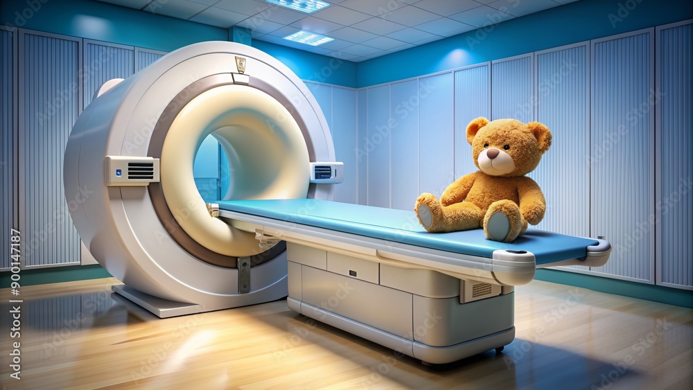 Colorful illustration of a ct scanner machine with a teddy bear on the ...