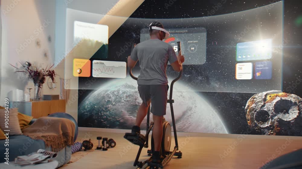 Metaverse futuristic home gym. African American athlete in VR headset ...