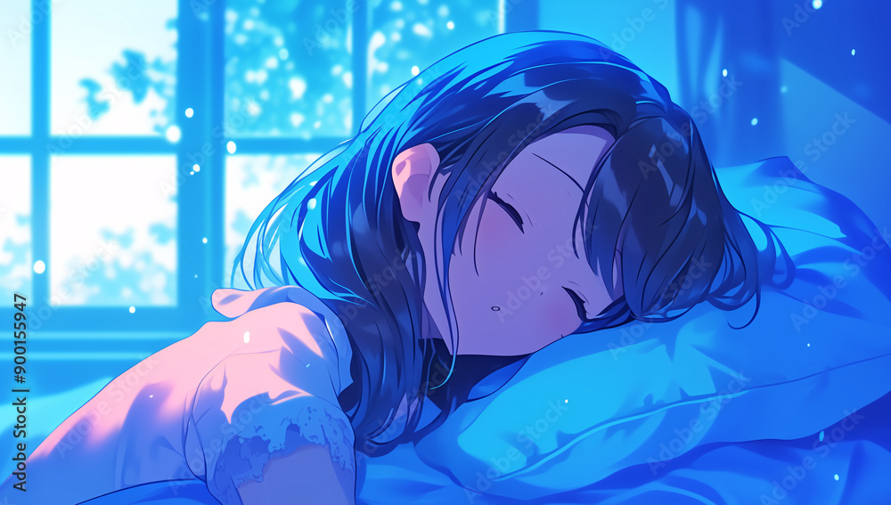 A cute girl sleeping in bed, with her eyes closed and the pillow ...