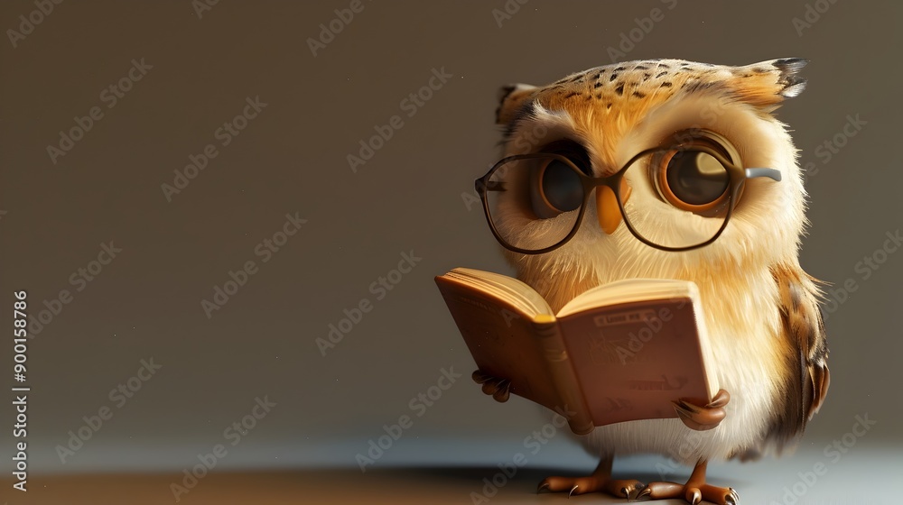 Inquisitive Cartoon Owl with Glasses Reading a 3D Illustrated Book ...
