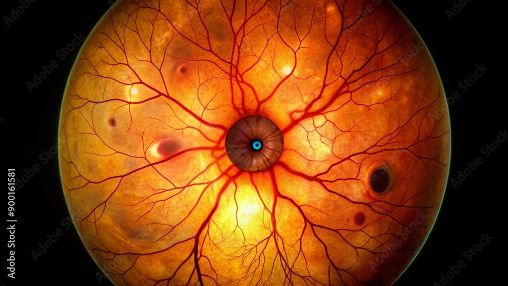 Microscopic view of retina showing blood vessels and optic disc ...