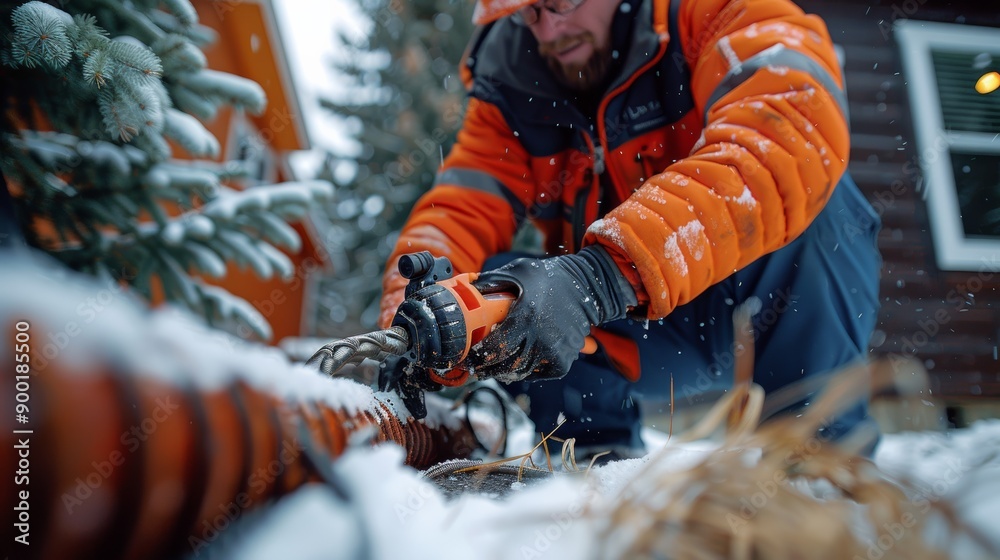 A skilled worker operates a chainsaw in snowy conditions, showcasing ...