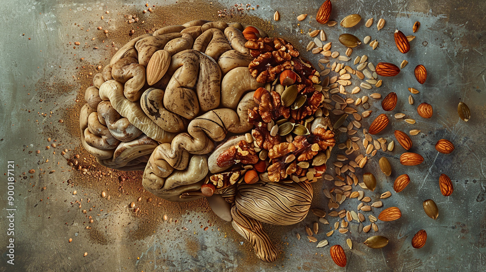 A realistic brain made from a variety of nuts and seeds, showcasing ...