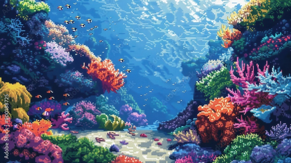 Pixel art coral reef, vibrant marine life, clear water, underwater ...