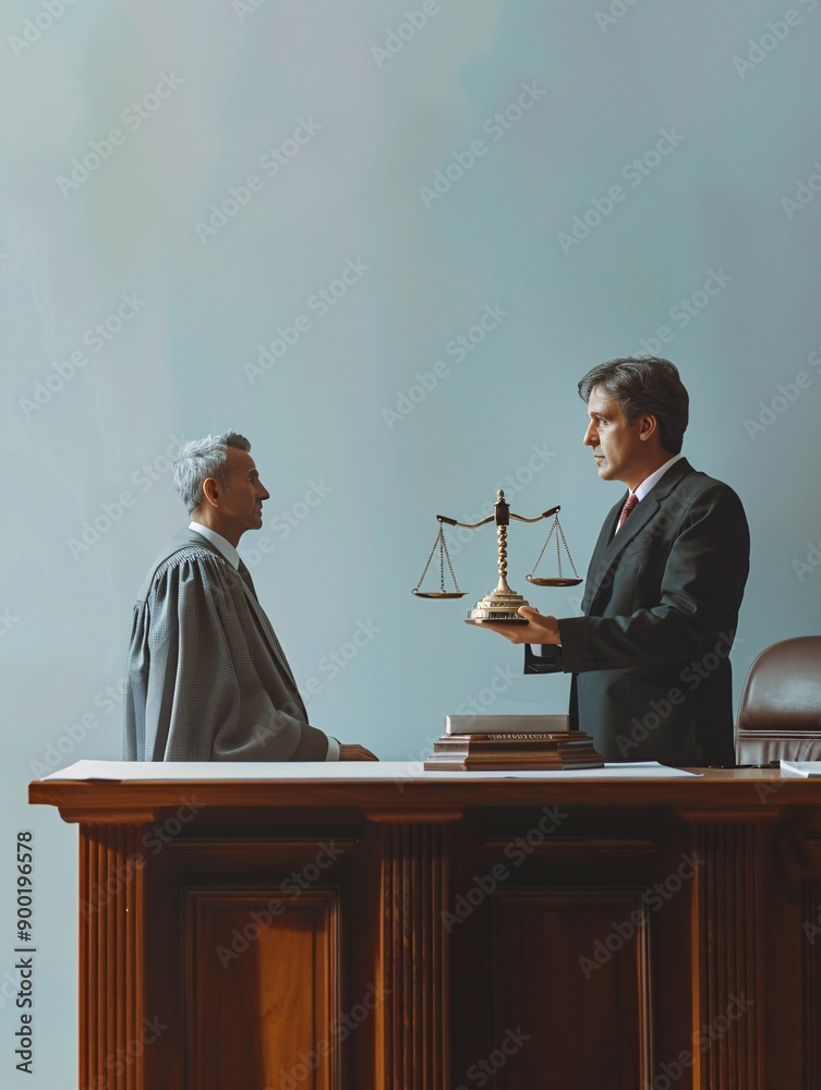 Legal system representation. Man presiding over a court case at a desk ...