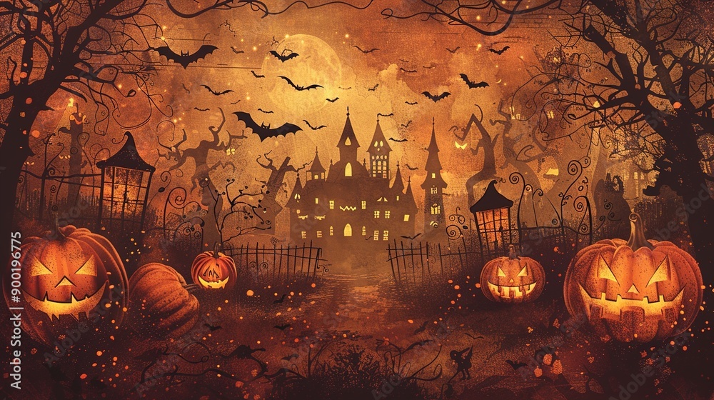 Spooky Halloween Invitation: Vintage Paper Background with Haunted ...