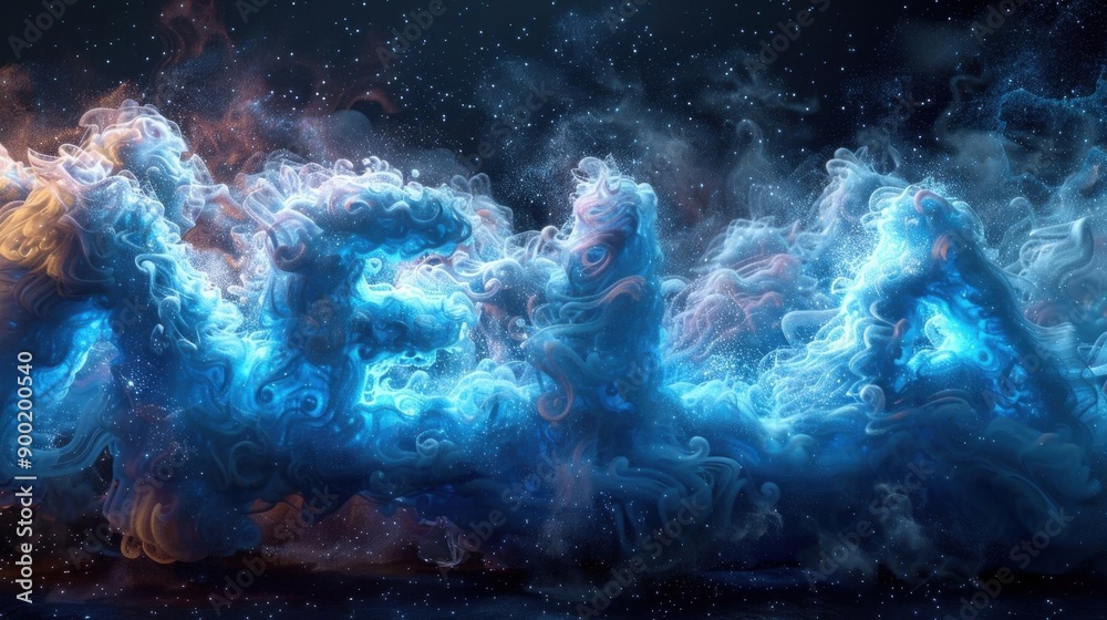 Produce a liquid 3D text effect for NEBULA with letters composed of ...