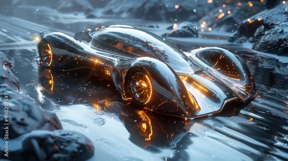 Create a chrome effect 3D text design for a futuristic sports car brand ...