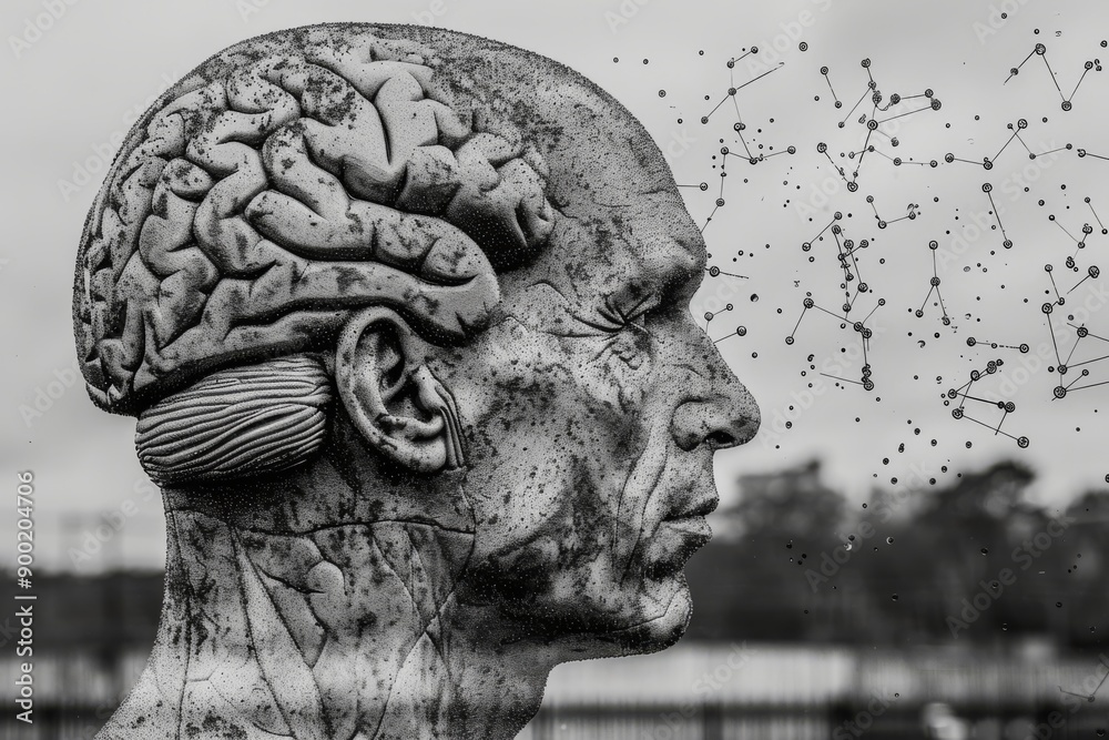 Stone bust with digital brain overlay highlighting the intersection of ...