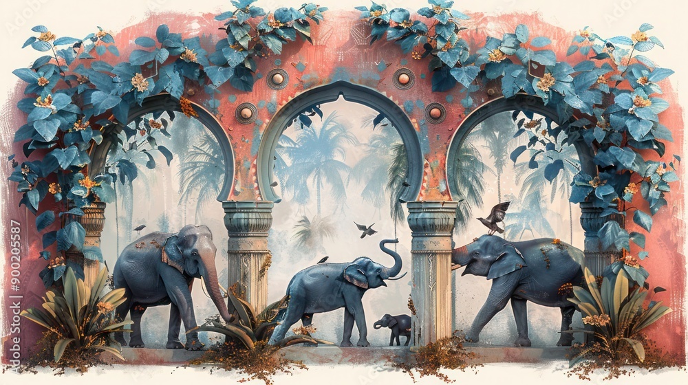 Traditional Mughal elephants in a garden with decorative arch frame ...