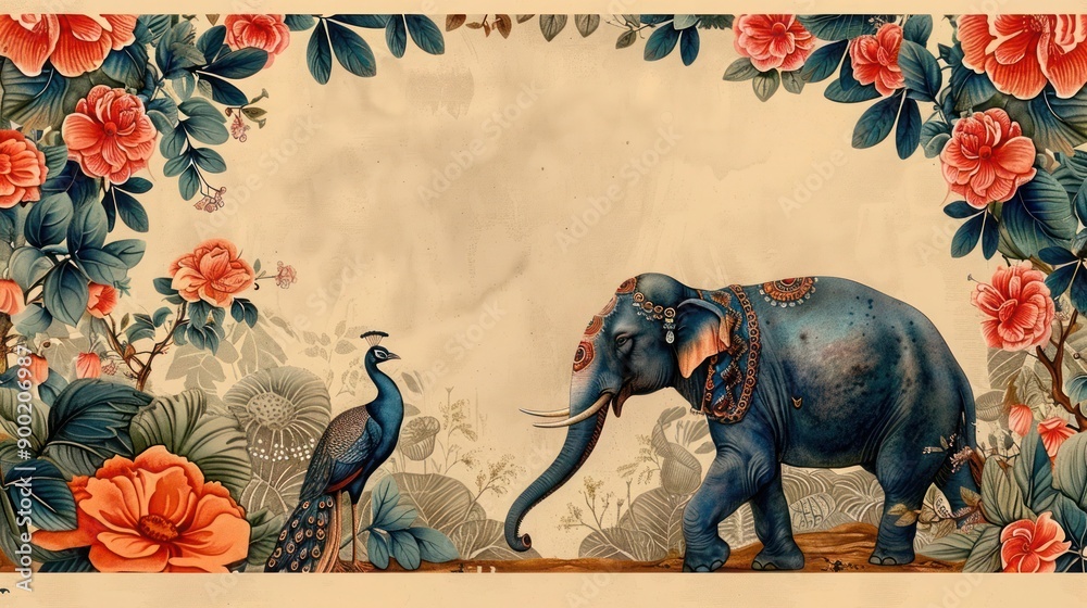 Traditional Mughal elephants in a garden with decorative arch frame ...