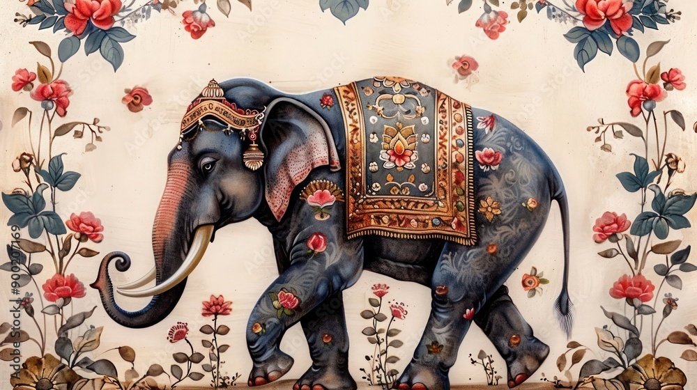 Traditional Mughal elephants in a garden with decorative arch frame ...