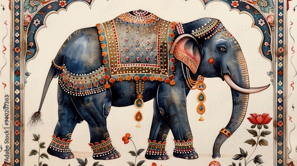 Traditional Mughal elephants in a garden with decorative arch frame ...