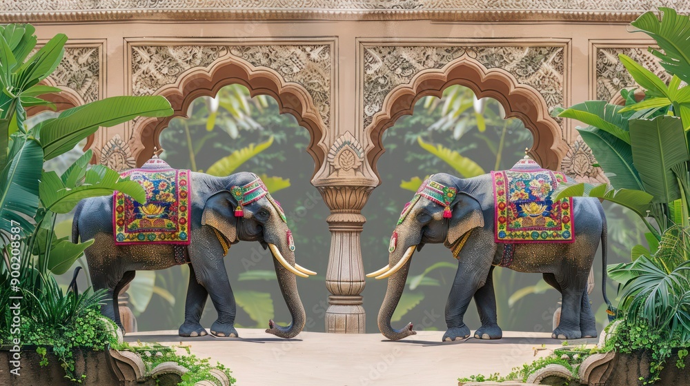 Traditional Mughal elephants in a garden with decorative arch frame ...
