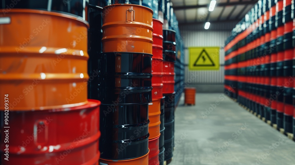 Toxic chemical barrels stacked in a storage facility, warning signs ...