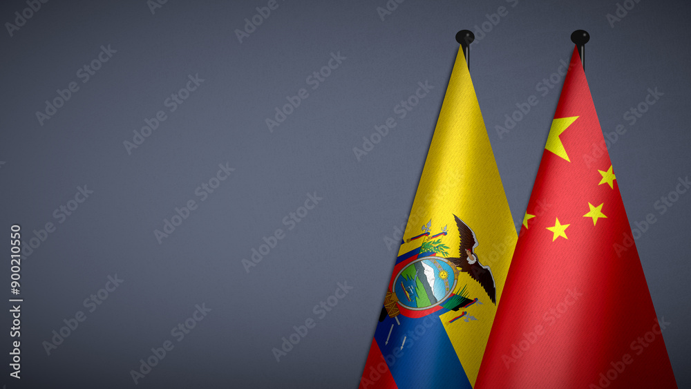 3D rendering of two flag from Ecuador and China on flagpoles with Gray ...