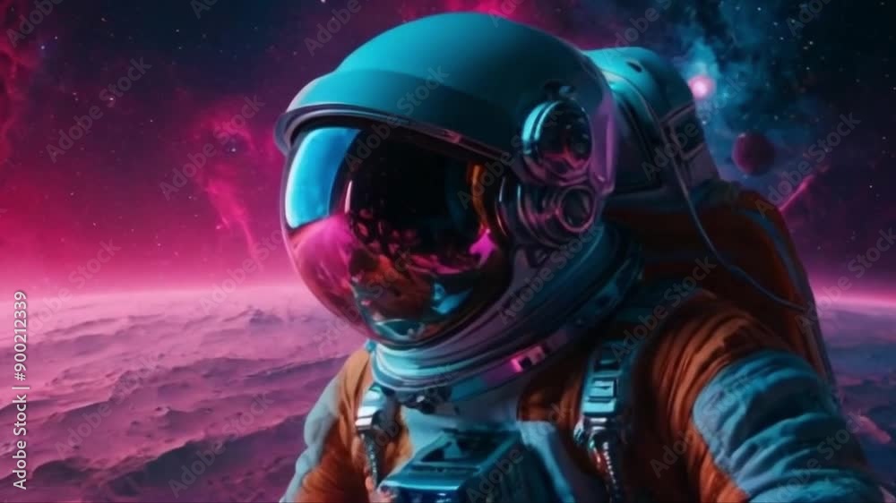 A gleaming synthwave spaceship floats against the cosmic backdrop in a ...
