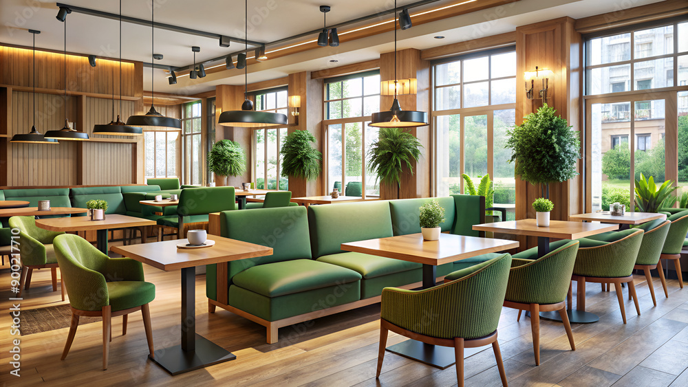 Modern restaurant interior with lush greenery, wooden accents, and ...
