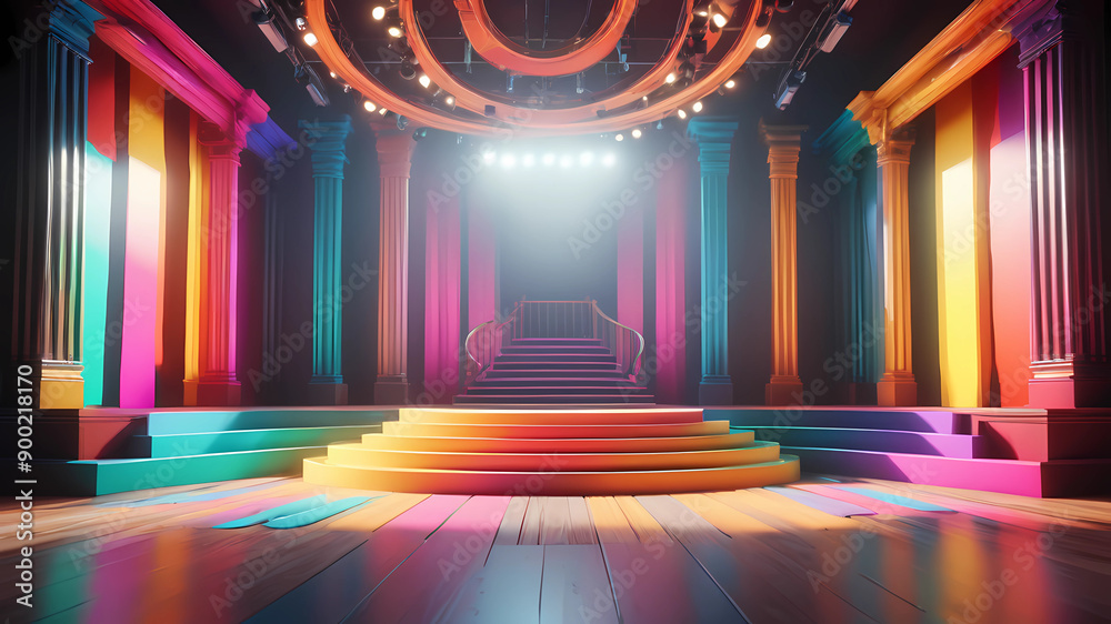 A colorful stage in a bright room with multiple stages to stand on ...