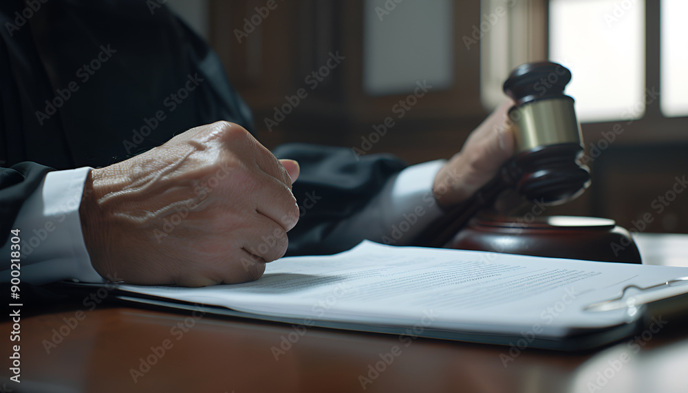 Stern judge with paper document pronouncing sentence in a court of law ...