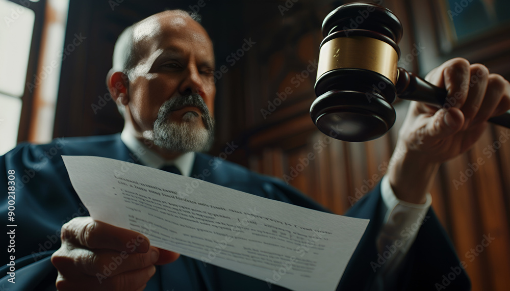 Stern judge with paper document pronouncing sentence in a court of law ...