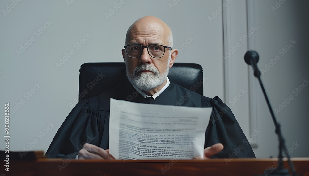 Stern judge with paper document pronouncing sentence in a court of law ...
