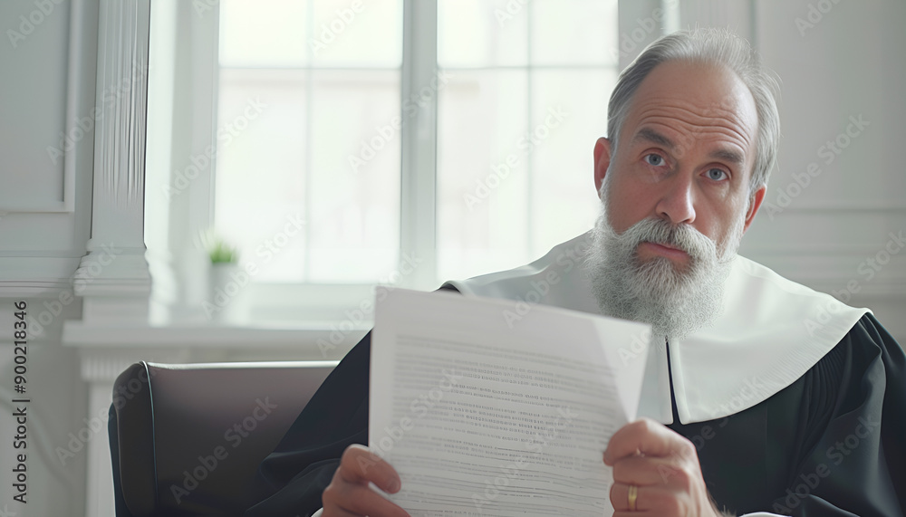 Stern judge with paper document pronouncing sentence in a court of law ...
