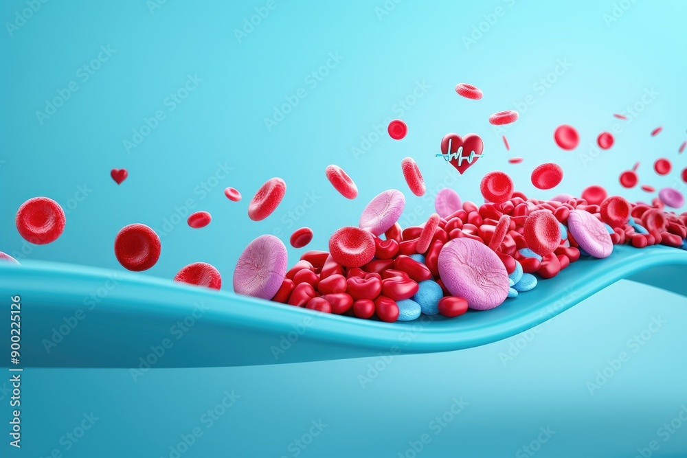 Dynamic blood flow, vibrant red and pink blood cells in motion, heart ...