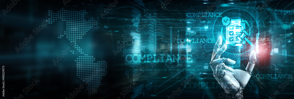 Robot hand holding a compliance icon in a digital landscape, and global ...
